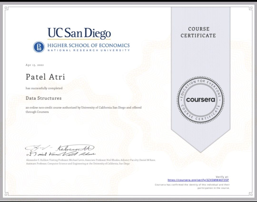 Atri Patel on LinkedIn: #coursera #datastructures #courseracertificate Atri Patel on LinkedIn: #coursera #datastructures #courseracertificate