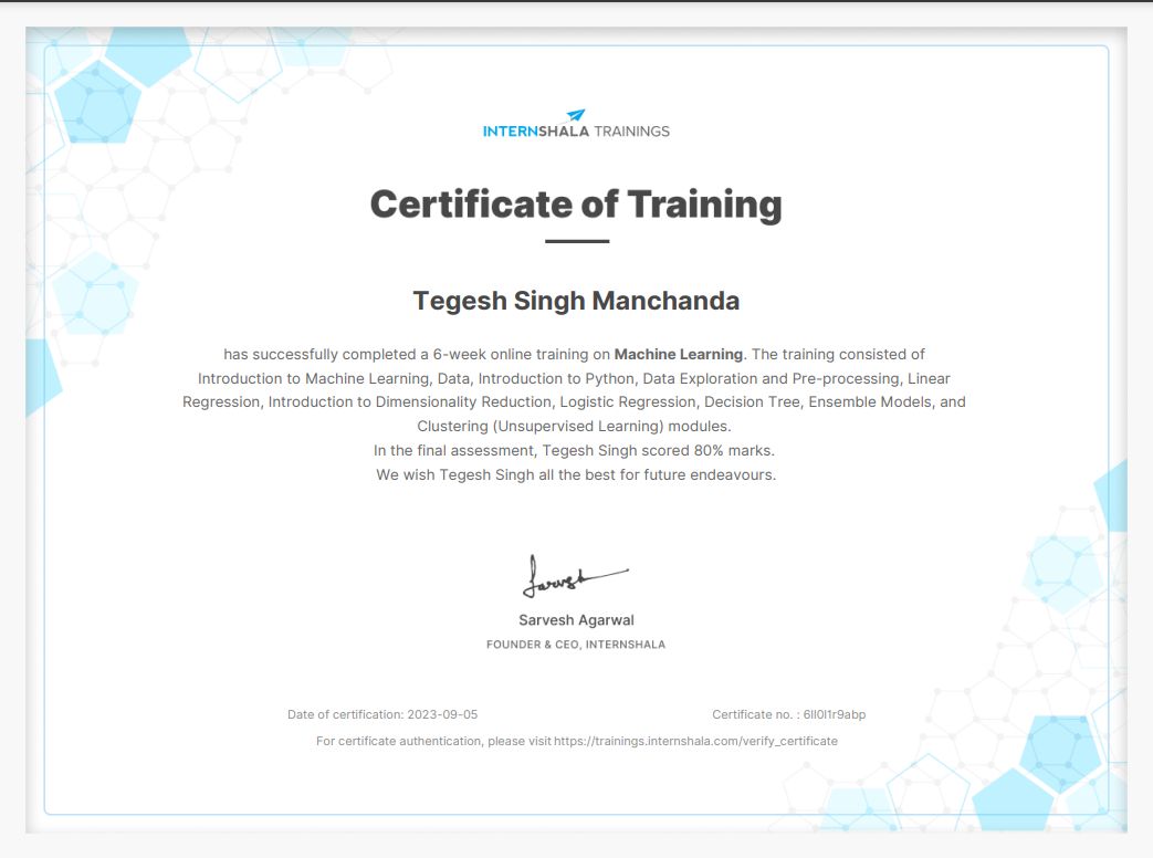 Tegesh Singh Manchanda on LinkedIn: #machinelearning #internshala # ... Tegesh Singh Manchanda on LinkedIn: #machinelearning #internshala # ...