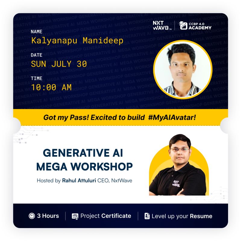 Manideep Kalyanapu on LinkedIn: #genaimegaworkshop #myaiavatar #nxtwave Manideep Kalyanapu on LinkedIn: #genaimegaworkshop #myaiavatar #nxtwave