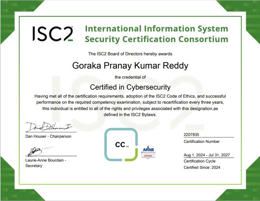 Pranay Kumar Reddy Goraka on LinkedIn: #cybersecurity #isc2 # ... Pranay Kumar Reddy Goraka on LinkedIn: #cybersecurity #isc2 # ...