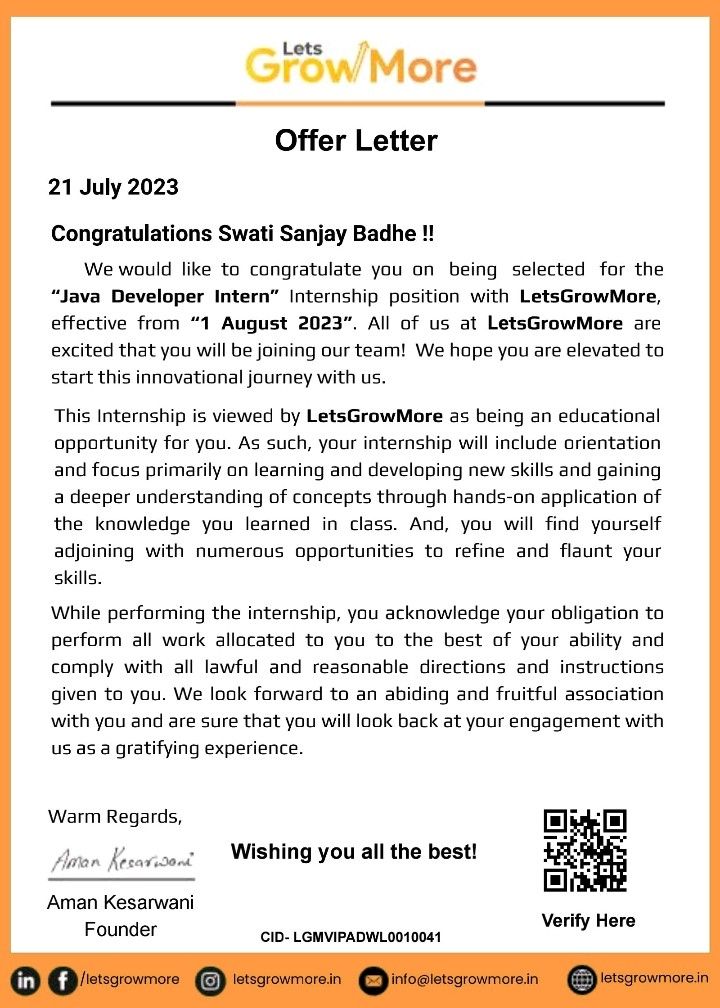 Swati Badhe on LinkedIn: #internship #letsgrowmore #share #javadeveloper Swati Badhe on LinkedIn: #internship #letsgrowmore #share #javadeveloper