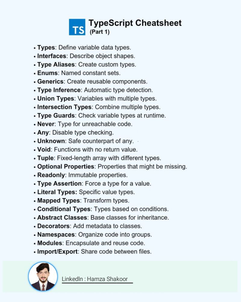 Hamza Shakoor on LinkedIn: TypeScript CheatSheet ! Bilal Fareed Asharib ... Hamza Shakoor on LinkedIn: TypeScript CheatSheet ! Bilal Fareed Asharib ...
