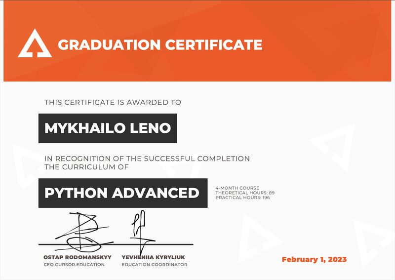 Mykhailo Lenyo on LinkedIn: Mykhailo Leno completed a Python Advanced ... Mykhailo Lenyo on LinkedIn: Mykhailo Leno completed a Python Advanced ...