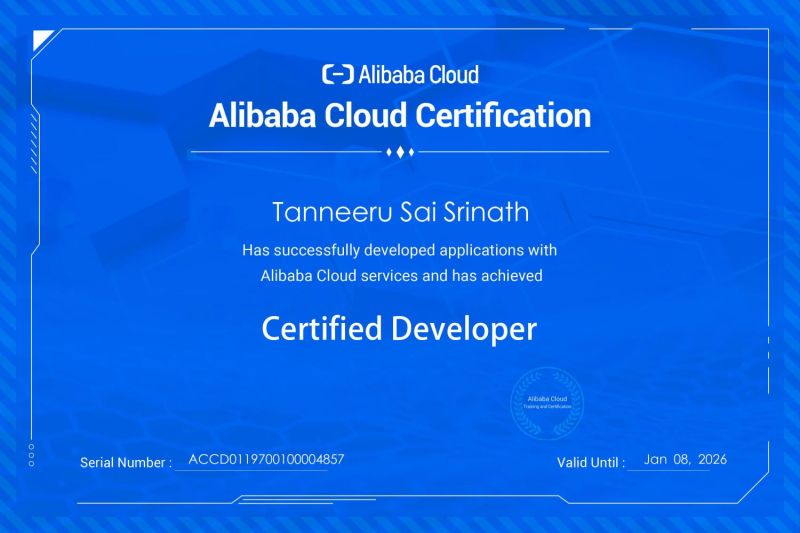 Certified as a developer in Alibaba cloud | Tanneeru Sai Srinath posted ... Certified as a developer in Alibaba cloud | Tanneeru Sai Srinath posted ...