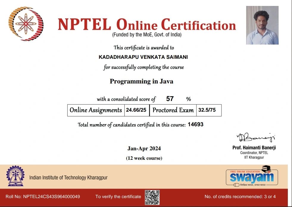 Venkata Saimani Kadadharapu on LinkedIn: #nptel #java #certificate Venkata Saimani Kadadharapu on LinkedIn: #nptel #java #certificate