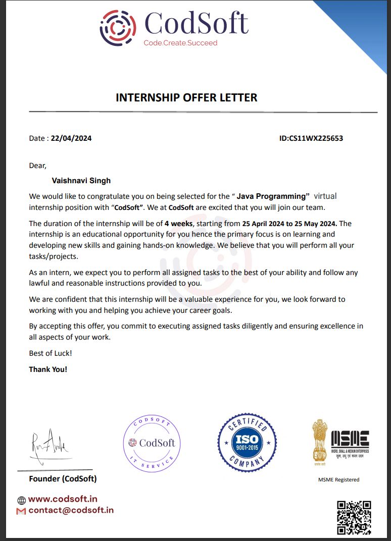 Vaishnavi Singh on LinkedIn: #javaprogramming #internship #codsoft # ... Vaishnavi Singh on LinkedIn: #javaprogramming #internship #codsoft # ...