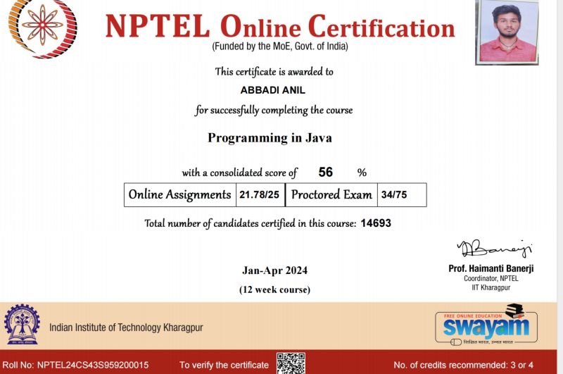 Abbadi Anil Reddy on LinkedIn: #java #programming #nptel #certification ... Abbadi Anil Reddy on LinkedIn: #java #programming #nptel #certification ...
