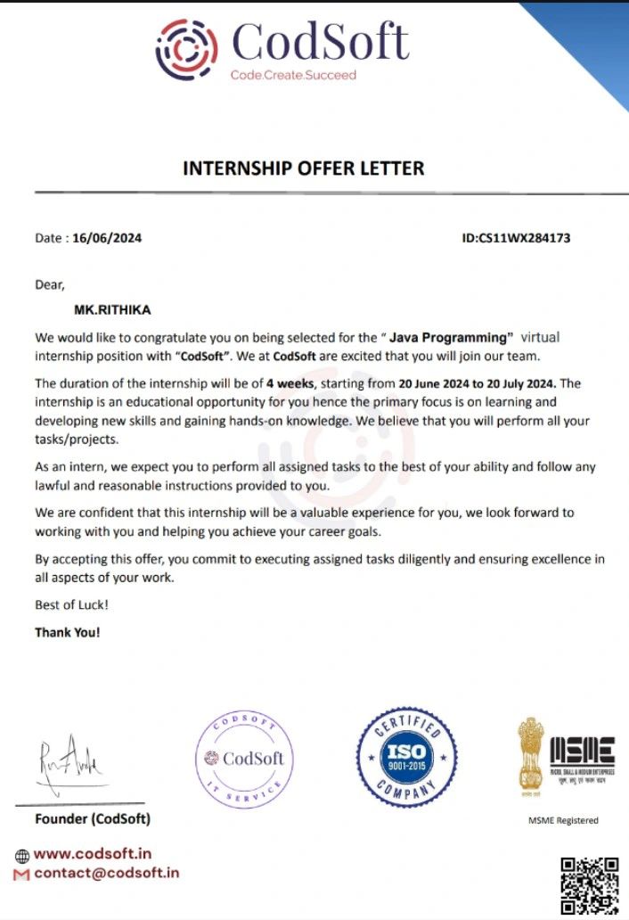 Rithika Mk on LinkedIn: #internship #codsoft #codsoftinternship # ... Rithika Mk on LinkedIn: #internship #codsoft #codsoftinternship # ...
