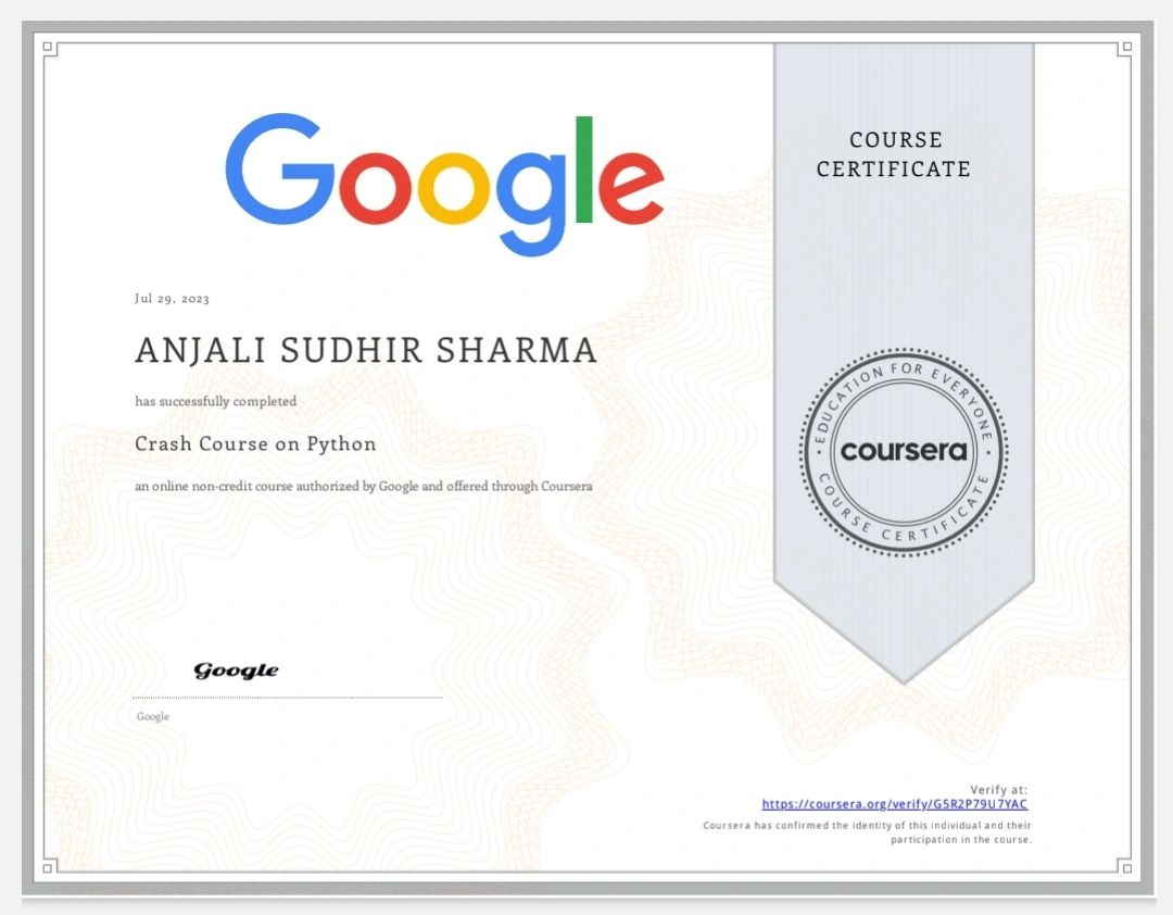 Anjali Sharma on LinkedIn: Done a Crash Course on Python on 29 July 2023 Anjali Sharma on LinkedIn: Done a Crash Course on Python on 29 July 2023