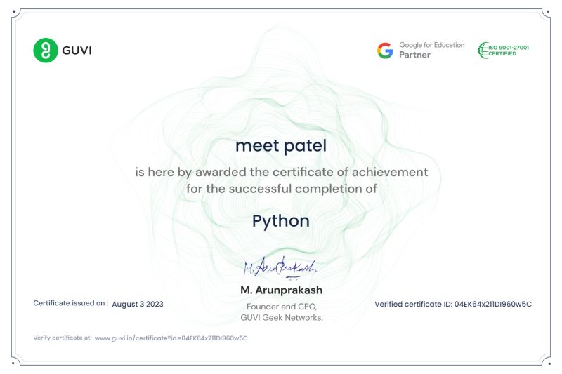 meet patel on LinkedIn: python certificate by guvi meet patel on LinkedIn: python certificate by guvi