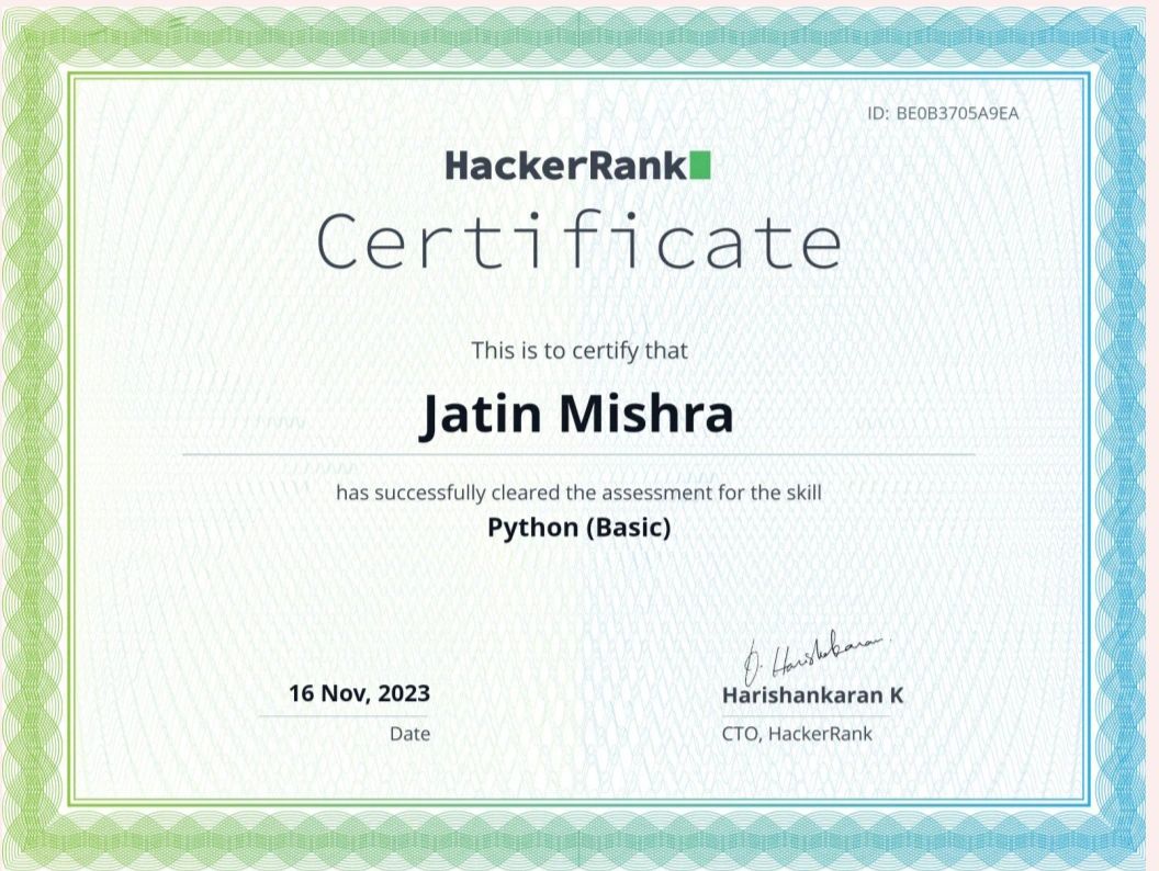 JATIN MISHRA on LinkedIn: certificate of hackerRank python (Basic)👇👇 JATIN MISHRA on LinkedIn: certificate of hackerRank python (Basic)👇👇