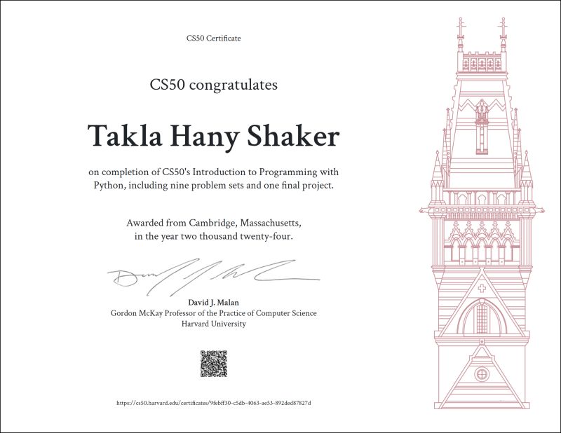 Takla Hany on LinkedIn: #cs50 #cs50p #python #harvardx #certification # ... Takla Hany on LinkedIn: #cs50 #cs50p #python #harvardx #certification # ...