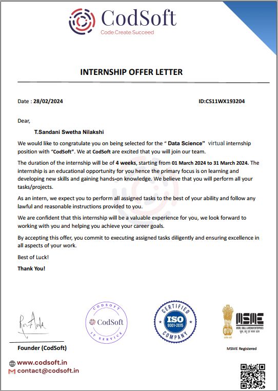 Swetha Nilakshi on LinkedIn: #codsoft #codsoftinternship Swetha Nilakshi on LinkedIn: #codsoft #codsoftinternship