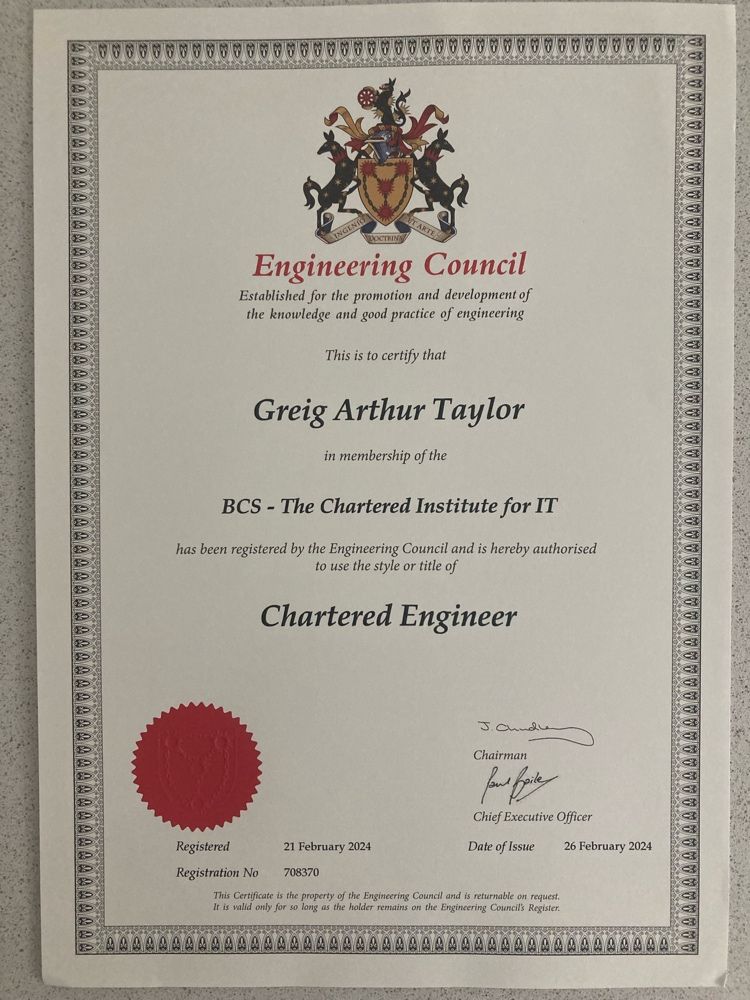 Greig Taylor MSc CITP CEng MBCS on LinkedIn: Certificate has come ... Greig Taylor MSc CITP CEng MBCS on LinkedIn: Certificate has come ...