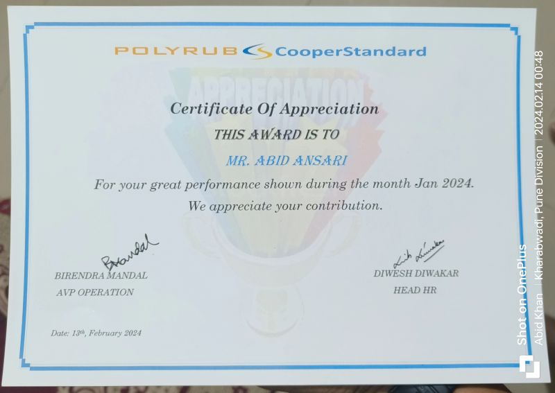Md Abid Ansari on LinkedIn: Appreciation Award ( Polyrub Cooper standard) Md Abid Ansari on LinkedIn: Appreciation Award ( Polyrub Cooper standard)