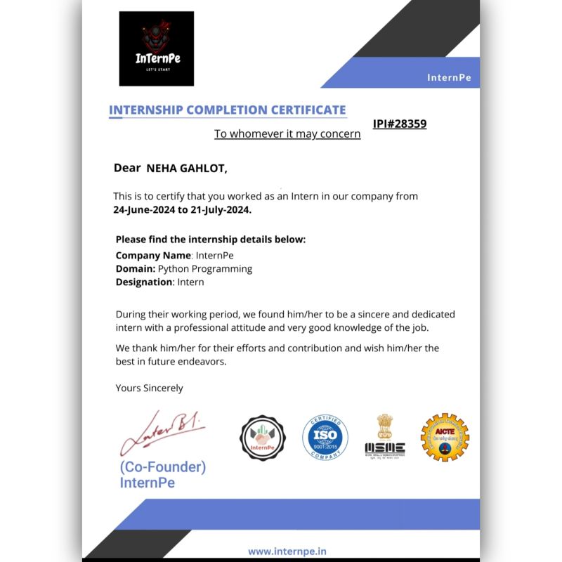 Neha Gahlot on LinkedIn: #internship #pythonprogramming #internpe # ... Neha Gahlot on LinkedIn: #internship #pythonprogramming #internpe # ...