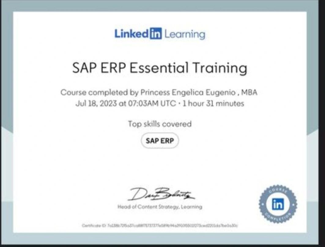 Princess Engelica Eugenio on LinkedIn: Got my SAP ERP Essential Training! Princess Engelica Eugenio on LinkedIn: Got my SAP ERP Essential Training!