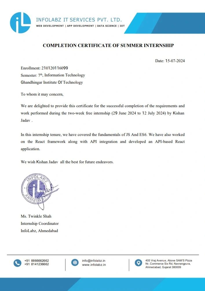 KISHAN JADAV on LinkedIn: #infolabz #reactjs #internship #api KISHAN JADAV on LinkedIn: #infolabz #reactjs #internship #api