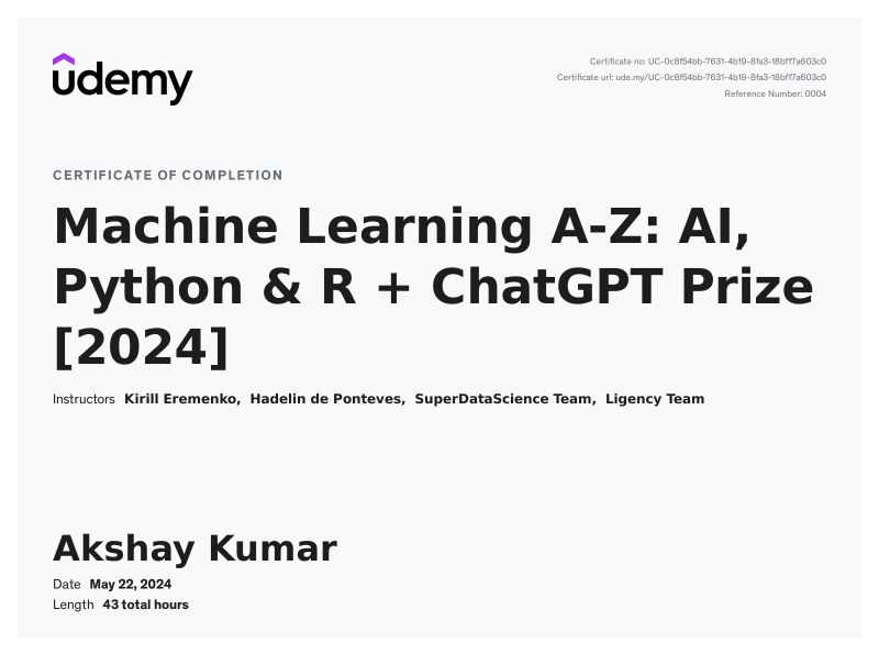 Finished Machine Learning course by Hadelin de Ponteves | Akshay Kumar ... Finished Machine Learning course by Hadelin de Ponteves | Akshay Kumar ...