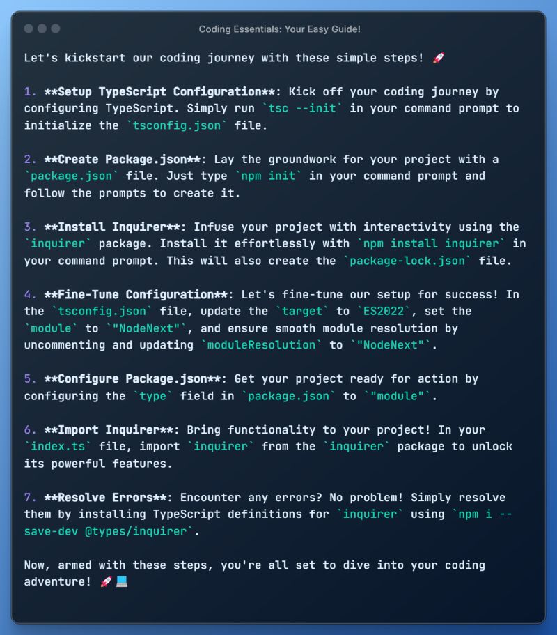 Mehdia Fatima on LinkedIn: #typescript #javascript #nodejs #inquirer # ... Mehdia Fatima on LinkedIn: #typescript #javascript #nodejs #inquirer # ...