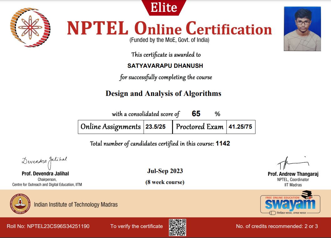 Satyavarapu Dhanush on LinkedIn: Achieving NPTEL certificate in 'Design ... Satyavarapu Dhanush on LinkedIn: Achieving NPTEL certificate in 'Design ...