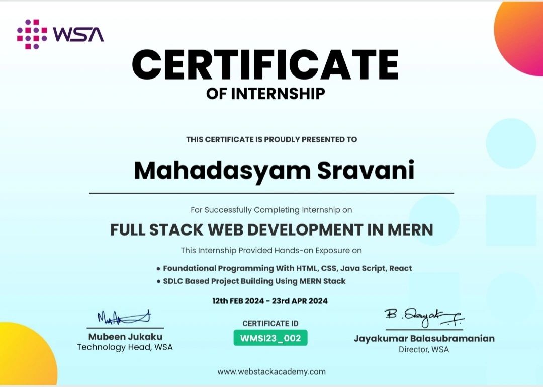 Mahadasyam Sravani on LinkedIn: #fullstackwebdevelopmentinmern #wsa Mahadasyam Sravani on LinkedIn: #fullstackwebdevelopmentinmern #wsa