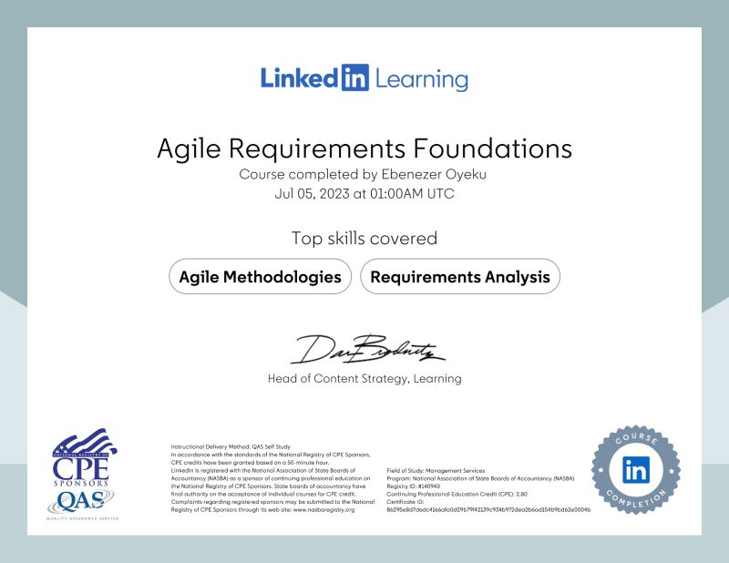 Ebenezer Oyeku, OCA, OCP, MBCS, CITP on LinkedIn: Certificate of Completion Ebenezer Oyeku, OCA, OCP, MBCS, CITP on LinkedIn: Certificate of Completion