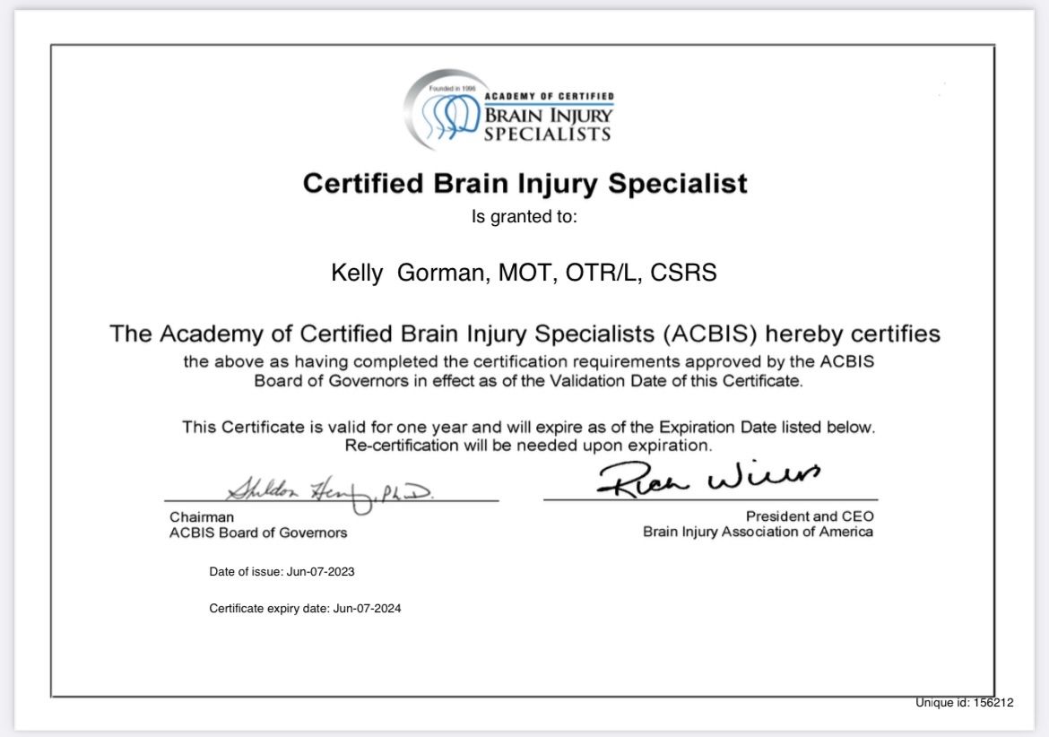 Kelly Gorman, MOT, OTR/L, CSRS, CBIS on LinkedIn: Certified Brain ... Kelly Gorman, MOT, OTR/L, CSRS, CBIS on LinkedIn: Certified Brain ...