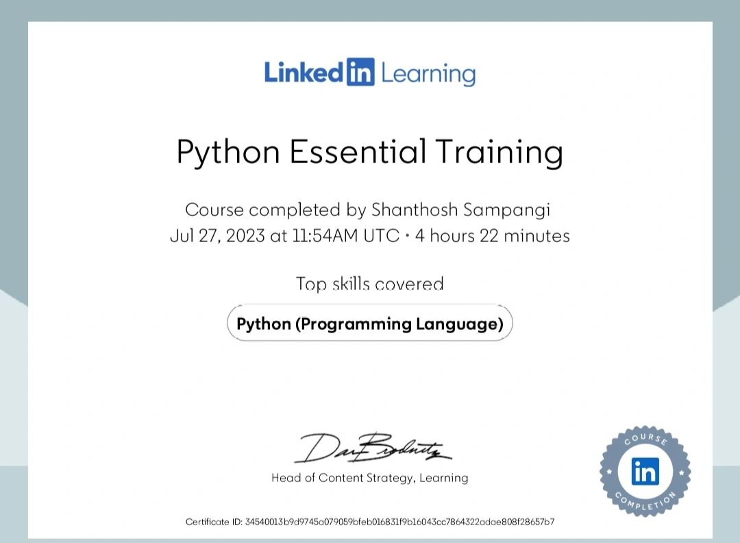 Shanthosh .S on LinkedIn: #pythoncertification #careermilestone # ... Shanthosh .S on LinkedIn: #pythoncertification #careermilestone # ...