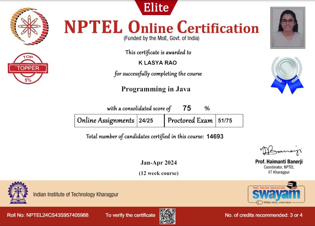 Lasya Rao K on LinkedIn: #nptel #javaprogramming #certificate # ... Lasya Rao K on LinkedIn: #nptel #javaprogramming #certificate # ...