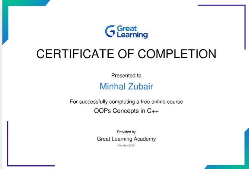 Minhal Zubair on LinkedIn: #certificate #c #oop #greatlearning Minhal Zubair on LinkedIn: #certificate #c #oop #greatlearning