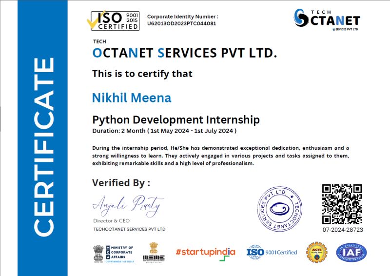 Nikhil Meena on LinkedIn: #python #internship #techoctanet #achievement ... Nikhil Meena on LinkedIn: #python #internship #techoctanet #achievement ...