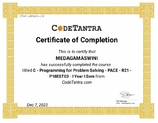 Aswini Medagam on LinkedIn: #codetantra #cprogramming #certificate Aswini Medagam on LinkedIn: #codetantra #cprogramming #certificate