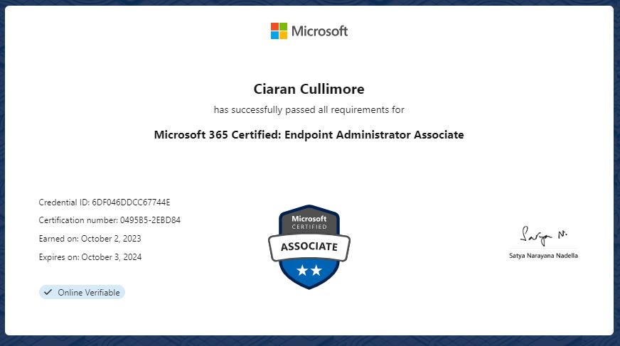Ciaran Cullimore on LinkedIn: Just earned my Microsoft 365 Certified ... Ciaran Cullimore on LinkedIn: Just earned my Microsoft 365 Certified ...