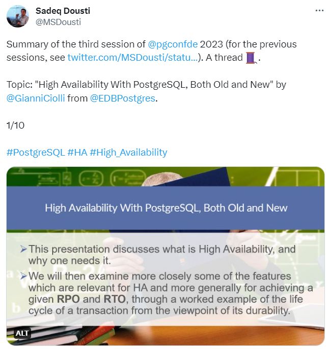 Sadeq Dousti on LinkedIn: #pgconfde #postgresql #ha #high_availability Sadeq Dousti on LinkedIn: #pgconfde #postgresql #ha #high_availability