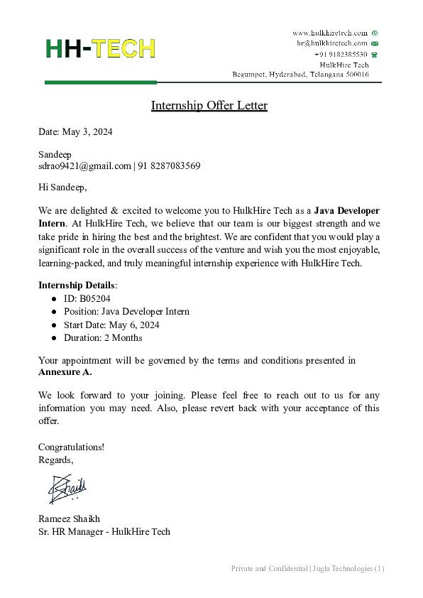 Sandeep Rao on LinkedIn: Java Developer Intern HulkHire Tech ... Sandeep Rao on LinkedIn: Java Developer Intern HulkHire Tech ...