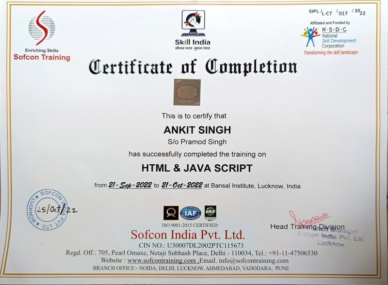 Ankit Singh on LinkedIn: #html #javascript #sofcon #certified Ankit Singh on LinkedIn: #html #javascript #sofcon #certified