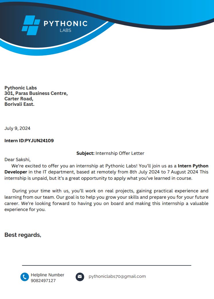Sakshi Pawar on LinkedIn: #pythoniclabs #internship #python #developer Sakshi Pawar on LinkedIn: #pythoniclabs #internship #python #developer