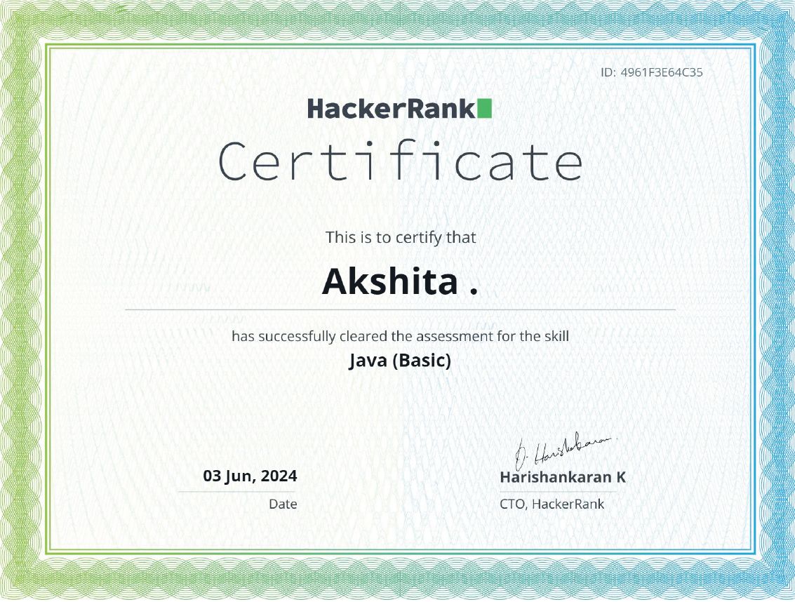 Akshita Chaudhary on LinkedIn: #java #certification #hackerrank # ... Akshita Chaudhary on LinkedIn: #java #certification #hackerrank # ...