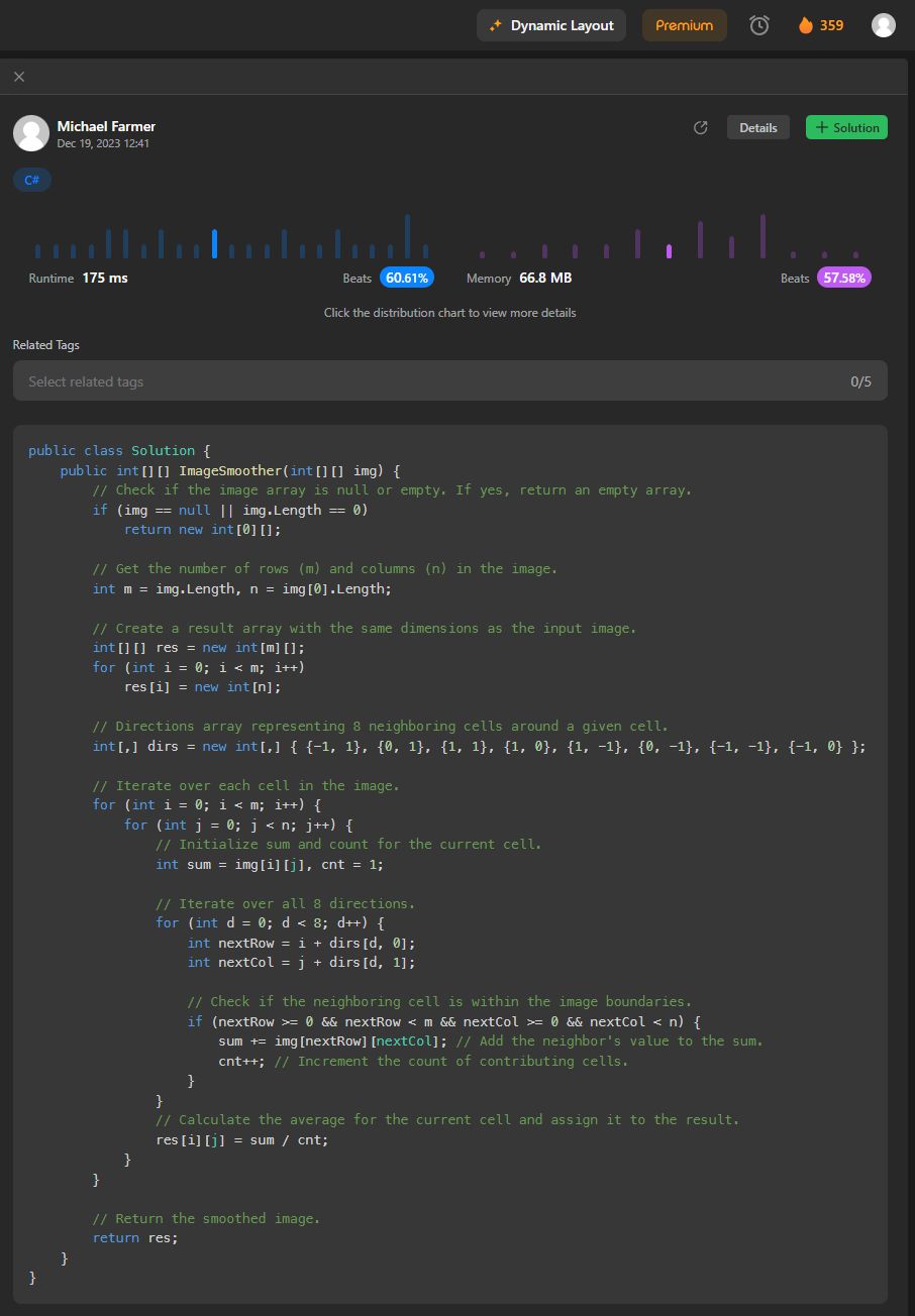 Day 359 of LeetCode: Image Smoother (Easy) | Michael Farmer posted on ... Day 359 of LeetCode: Image Smoother (Easy) | Michael Farmer posted on ...