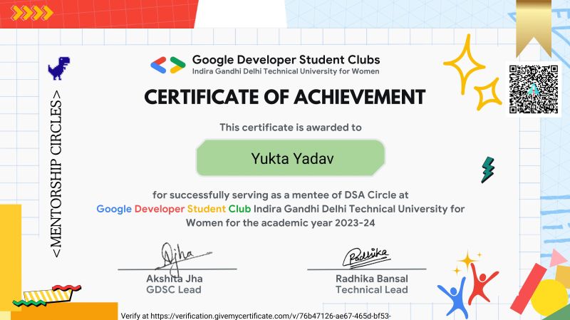 Yukta Yadav on LinkedIn: #gdsc #dsa #completion #grateful #codingjourney Yukta Yadav on LinkedIn: #gdsc #dsa #completion #grateful #codingjourney