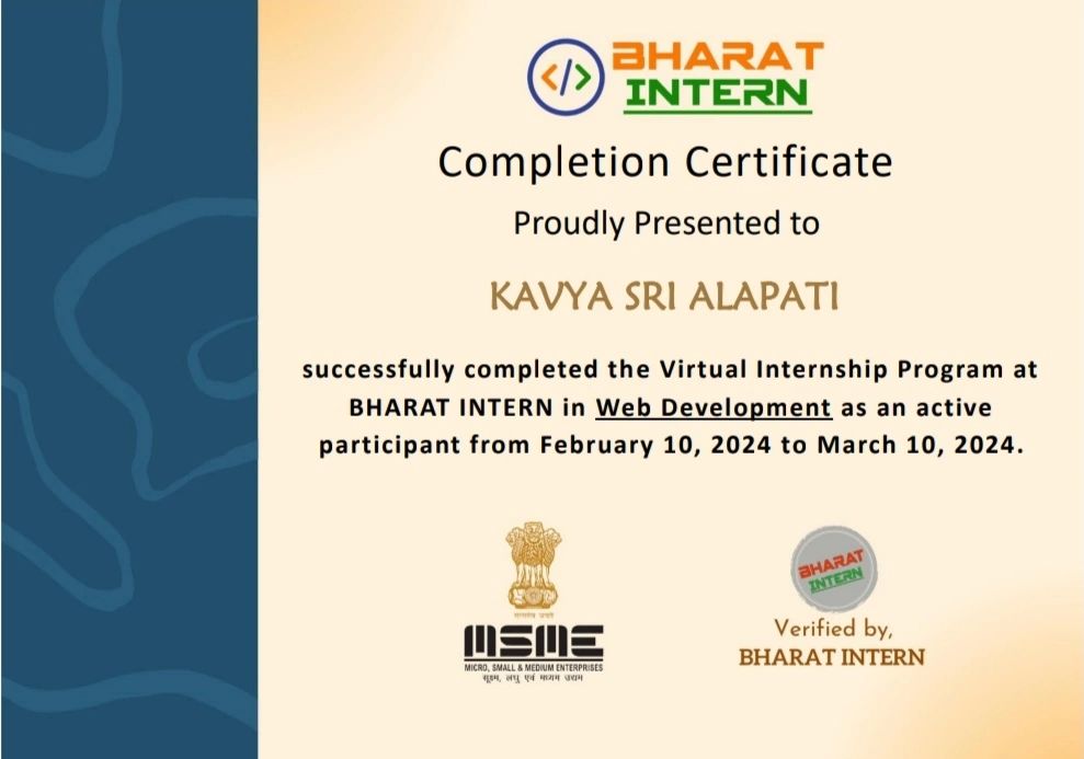 Kavya Sri Alapati on LinkedIn: #bharatintern #bharatinternship # ... Kavya Sri Alapati on LinkedIn: #bharatintern #bharatinternship # ...