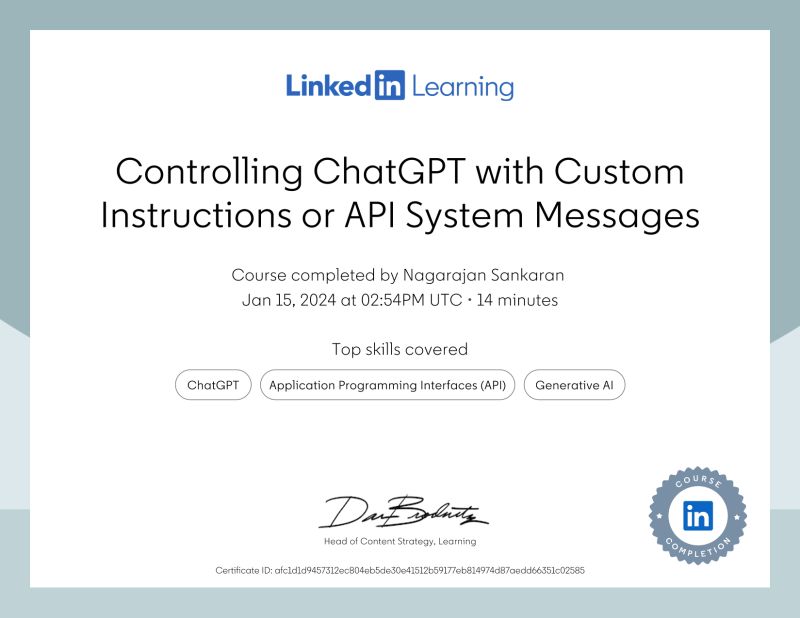 Nagarajan Sankaran on LinkedIn: Certificate of Completion Nagarajan Sankaran on LinkedIn: Certificate of Completion