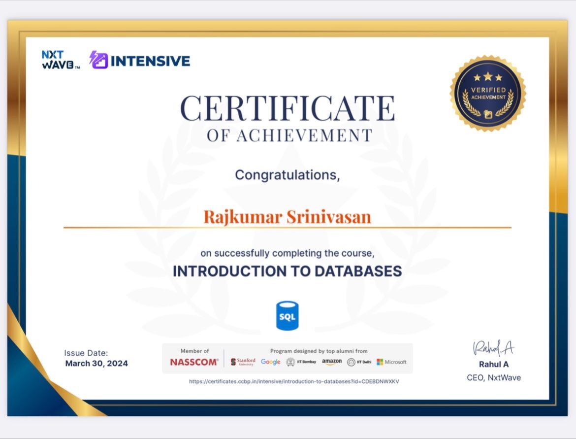 Rajkumar Srinivasan on LinkedIn: #nxtwave #ccbp #sql Rajkumar Srinivasan on LinkedIn: #nxtwave #ccbp #sql