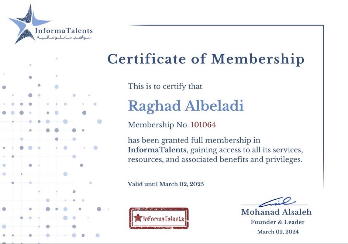 Raghad Albeladi on LinkedIn: membership at InformaTalents. Huge thanks ... Raghad Albeladi on LinkedIn: membership at InformaTalents. Huge thanks ...