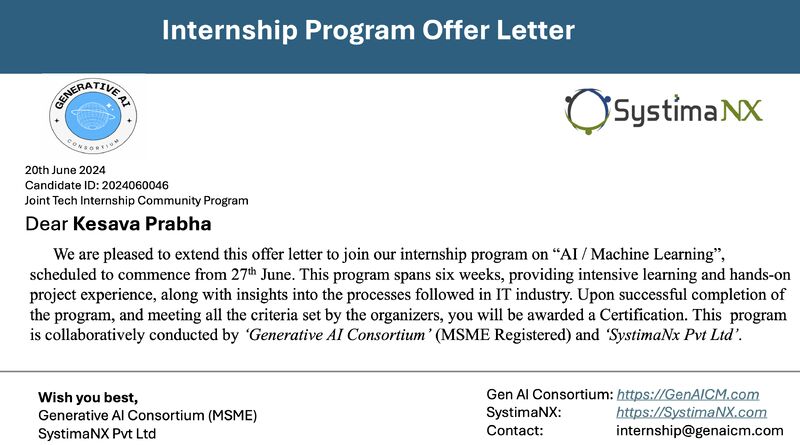 Kesava Prabha Lakshmanan on LinkedIn: #internship #ai #machinelearning ... Kesava Prabha Lakshmanan on LinkedIn: #internship #ai #machinelearning ...