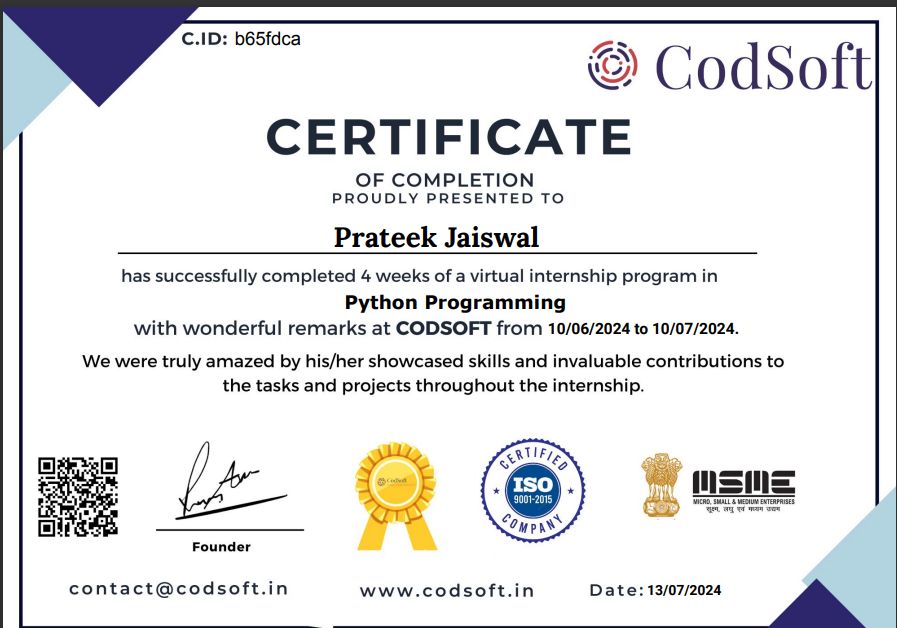 Prateek Jaiswal on LinkedIn: #codsoft Prateek Jaiswal on LinkedIn: #codsoft