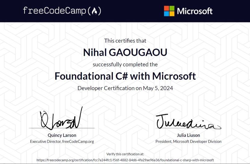 Nihal Gaougaou on LinkedIn: #microsoftcertification #csharp # ... Nihal Gaougaou on LinkedIn: #microsoftcertification #csharp # ...