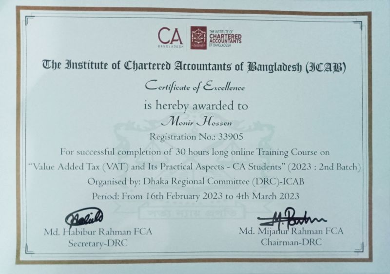 Monir Hossen on LinkedIn: Certificate of Excellence Value Added Tax (VAT) Monir Hossen on LinkedIn: Certificate of Excellence Value Added Tax (VAT)