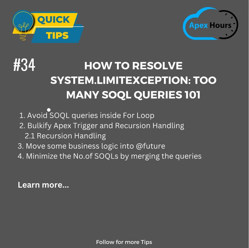 Apex Hours on LinkedIn: How to Resolve System.limitException: Too many ... Apex Hours on LinkedIn: How to Resolve System.limitException: Too many ...